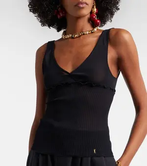 Saint Laurent Scalloped Silk Satin Top - Black