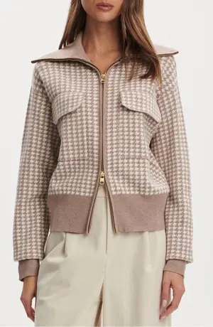Varley Ablett Houndstooth Jacquard Zip Cardigan - Taupe