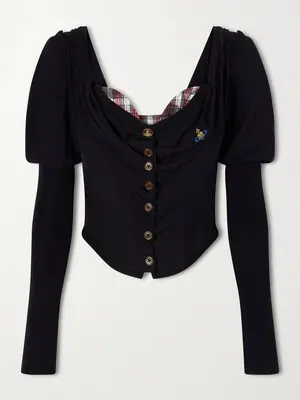 VIVIENNE WESTWOOD Bea Checked Cotton-trimmed Embroidered Wool And Silk-blend Cardigan - Black