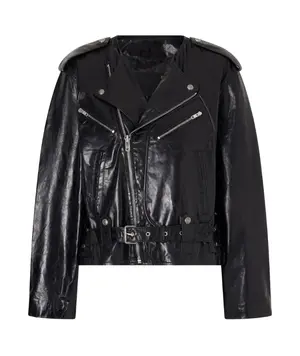 R13 Belted Embellished Leather Biker Jacket - Black