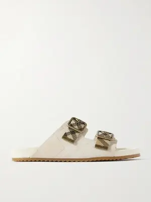 Burberry Checked Canvas Jacquard-trimmed Suede Sandals - Neutrals