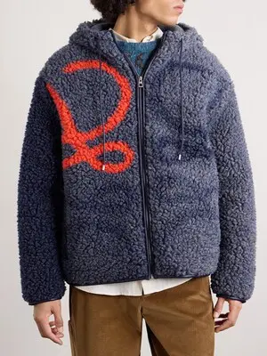 Loewe Leather-trimmed Fleece-jacquard Hooded Jacket - Blue