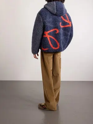 Loewe Leather-trimmed Fleece-jacquard Hooded Jacket - Blue