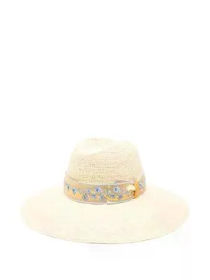 Borsalino Floral Print Ribbon Wide Brim Hat - Neutrals