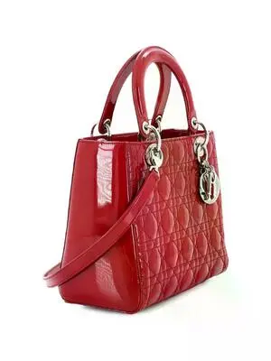 Dior Lady Cannage Quilt Patent Medium Satchel - Red