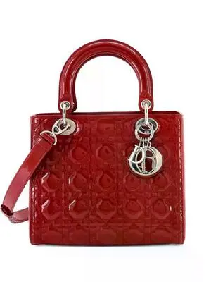 Dior Lady Cannage Quilt Patent Medium Satchel - Red