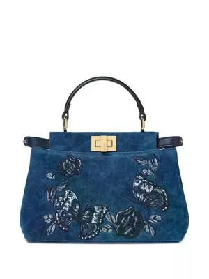 Fendi Mini Peekaboo Floral-embroidered Denim Tote - Blue