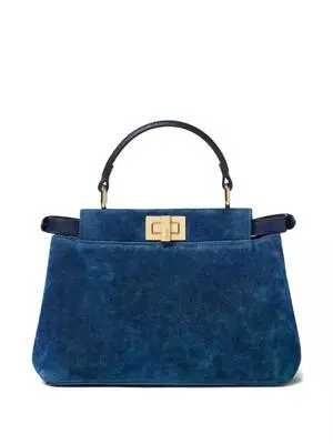 Fendi Mini Peekaboo Floral-embroidered Denim Tote - Blue