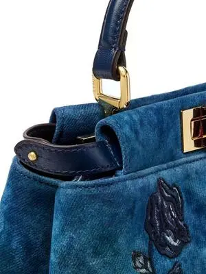Fendi Mini Peekaboo Floral-embroidered Denim Tote - Blue