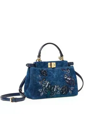 FENDI Mini Peekaboo Floral-Embroidered Denim Tote