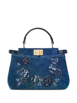 Fendi Mini Peekaboo Floral-embroidered Denim Tote