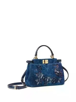 Fendi Mini Peekaboo Floral-embroidered Denim Tote