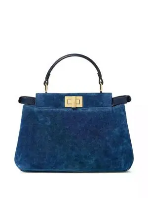 Fendi Mini Peekaboo Floral-embroidered Denim Tote