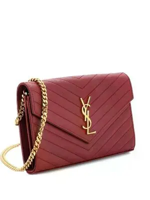Saint Laurent Classic Monogram Wallet On Chain Matelasse Chevron Leather Medium Crossbody Bag Red