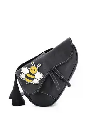 Dior Kaws Saddle Leather Applique Crossbody Bag - Black