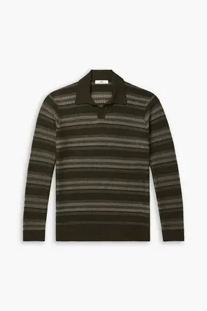 Mr P. Striped Ribbed Merino Wool Polo Sweater