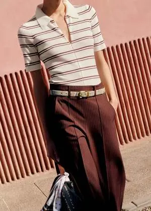 ME+EM Striped Slim Tee With Zip - Cream/brown