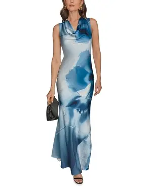 Donna Karan New York Printed Charmeuse Cowl Neck Gown