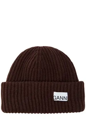 GANNI Logo Appliquéd Ribbed Wool-blend Beanie - Brown