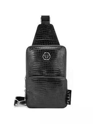 Philipp Plein Crocodile-print Cross Body Bag With Logo - Black