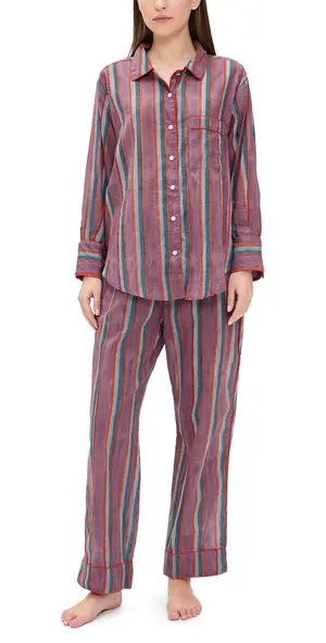 FOLKLOORE Indian Long Pajama Set - Aubergine & Blue Stripes