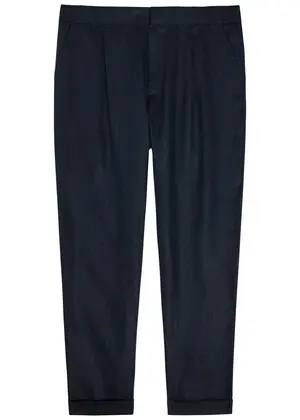 CHE Tapered-leg Cropped Linen Trousers - Navy