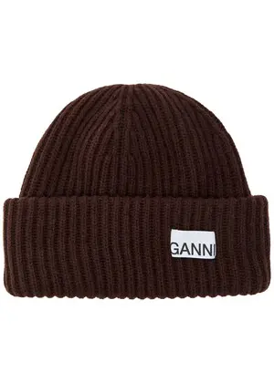 GANNI Logo-appliquéd Ribbed Beanie - Brown