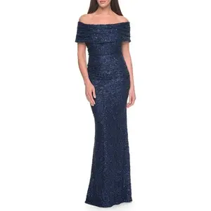 La Femme Off-the-shoulder Beaded Lace Gown - Navy