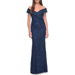 La Femme Off-the-shoulder Beaded Lace Gown - Navy