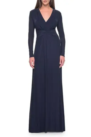 La Femme Long Sleeve Jersey Evening Gown With Ruching Detail - Navy