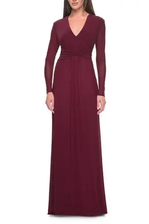 La Femme Long Sleeve Jersey Evening Gown With Ruching Detail - Wine