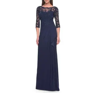 La Femme Long Evening Gown With Lace Illusion Sleeves - Navy