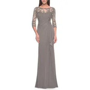 La Femme Long Evening Gown With Lace Illusion Sleeves - Platinum