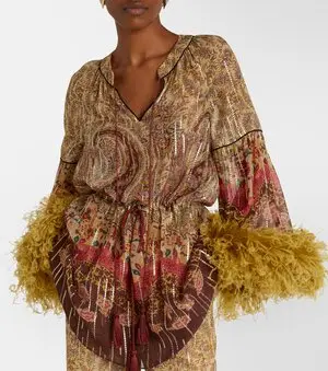 Valentino Garavani Paisley Feather-trimmed Silk-blend Blouse - Multicoloured