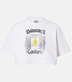 Balenciaga Printed Cropped Cotton Jersey T-shirt - White