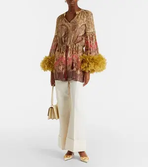 Valentino Garavani Paisley Feather-trimmed Silk Blend Blouse - Multicoloured