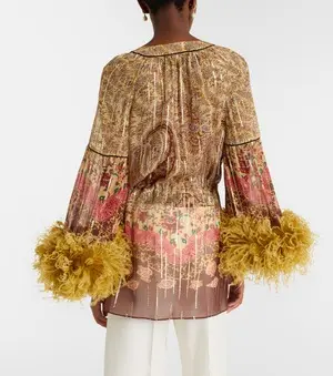 Valentino Garavani Paisley Feather-trimmed Silk Blend Blouse - Multicoloured
