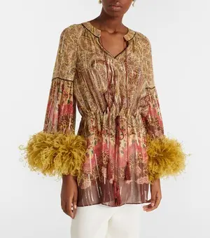Valentino Garavani Paisley Feather-trimmed Silk Blend Blouse - Multicoloured