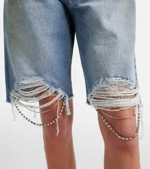 AREA Distressed Embellished Denim Shorts