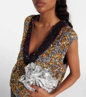 Dries Van Noten Ruffled Metallic Leather Clutch - Silver