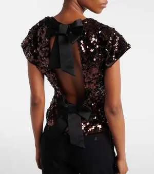 GANNI Bow-detail Sequined Open-back Top