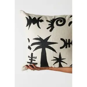 KANJU INTERIORS Keiskamma Linen & Silk Embroidered Throw Pillowwith Insert - Black Linen