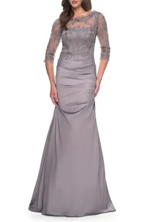 La Femme Satin And Lace Off-the-shoulder Gown - Silver