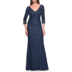 La Femme Fitted Beaded Lace Evening Gown With Ruching - Navy