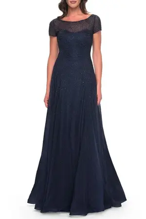La Femme Beaded A-line Gown With Illusion Neckline And Sleeves - Navy