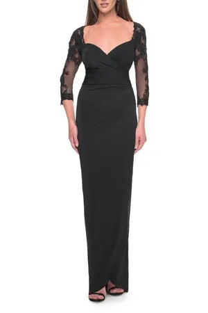 La Femme Long Jersey Evening Dress With Lace Sleeves - Black