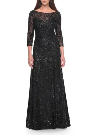 La Femme Beaded Long Dress With Illusion Sleeves