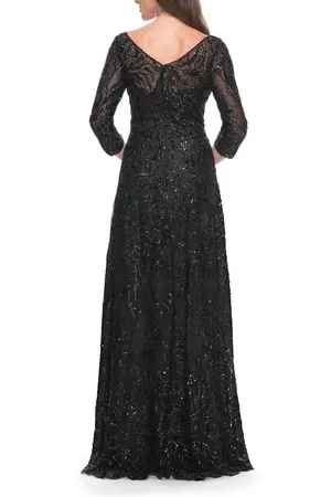 La Femme Beaded Long Dress With Illusion Sleeves