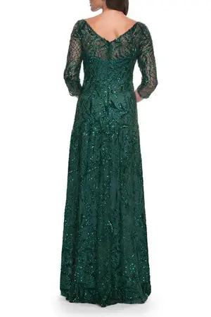 La Femme Beaded Long Dress With Illusion Sleeves - Emerald