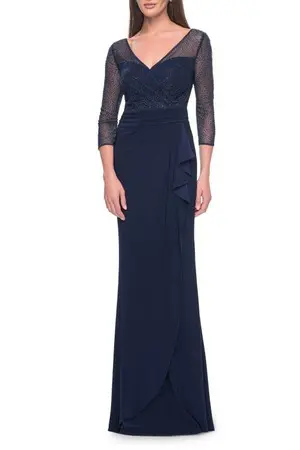 La Femme Evening Gown With Illusion Sleeves - Navy